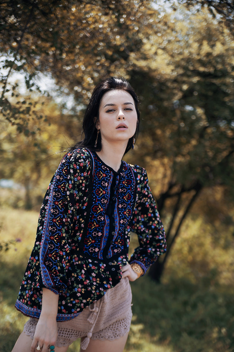 Sharon Boho Blouse - Moonless Black - Ditsy Charm by Tulle and Batiste