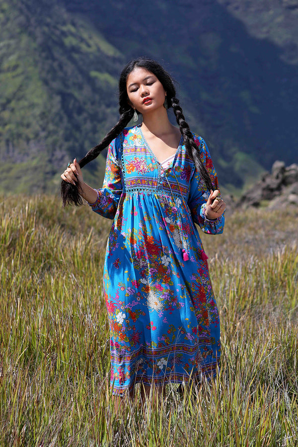 Bella Bell Sleeves Maxi Dress - Blue Jewel